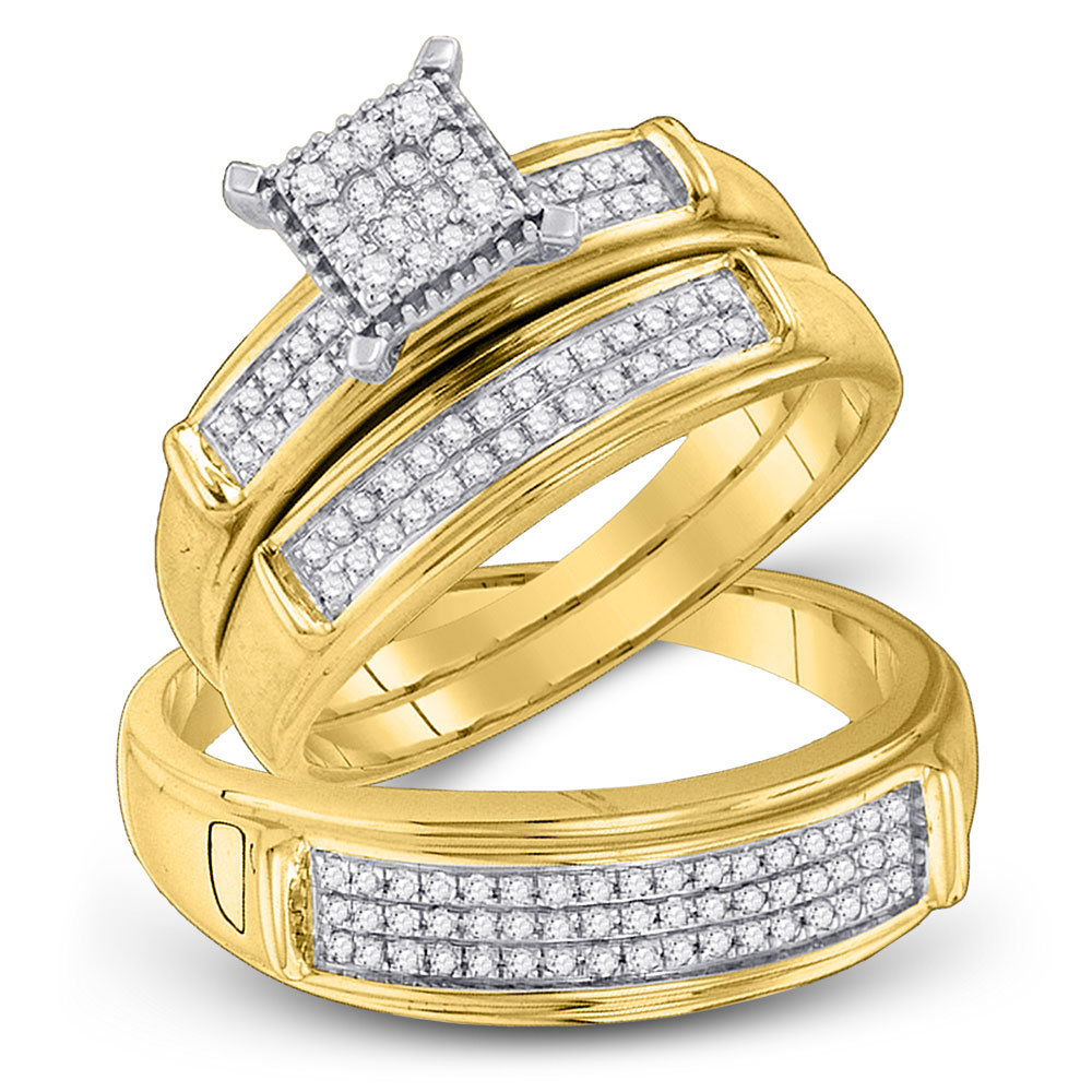 10kt Yellow Gold His Hers Round Diamond Square Matching Bridal Wedding ...
